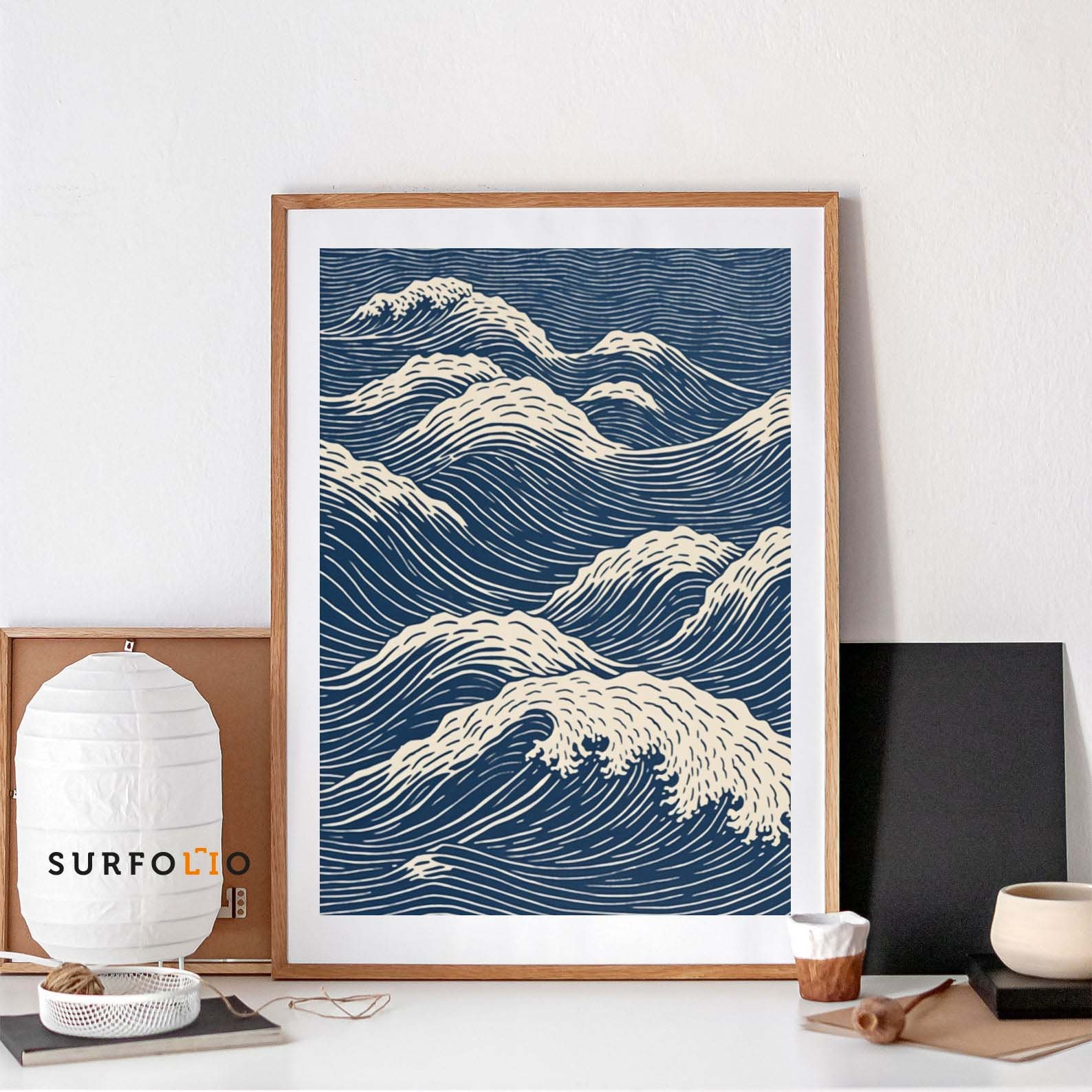 Linocut Sea Ocean Japan Retro Wave Waves Line Print Linocut Waves ...