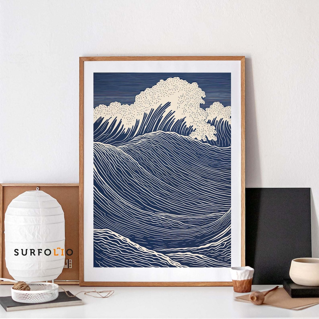 Linocut Sea Ocean Japan Retro Wave Waves Line Print Linocut Waves Poster Linocut Wave Art ...