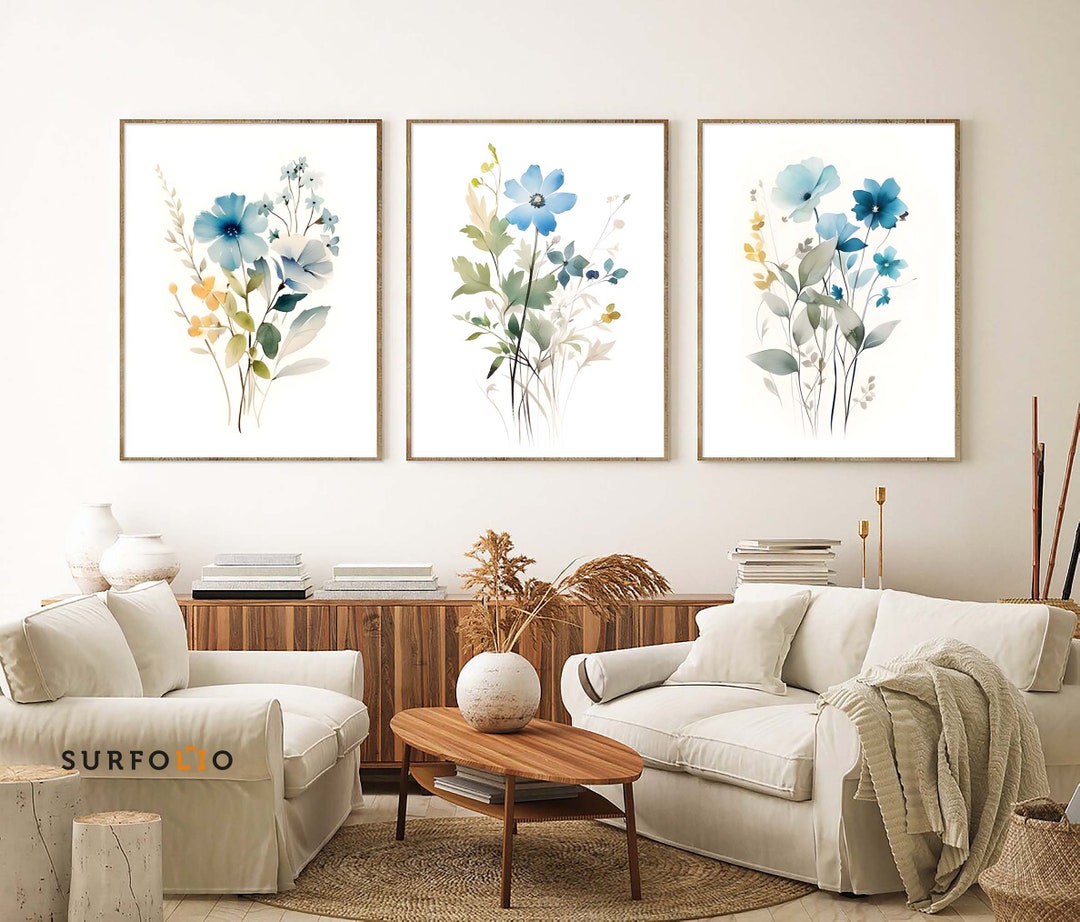 Wild Blue Flower Art Set of 3, Floral Art, Modern Floral Prints ...
