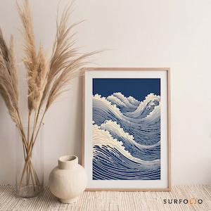 Linocut Sea Ocean Japan Retro Wave Waves Line Print Linocut Waves ...