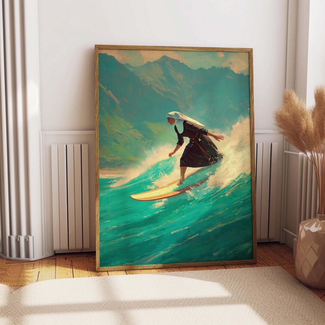 Nun Surfing Art Quirky Poster Funny Wall Art Surfing Nun Bold Art Print ...