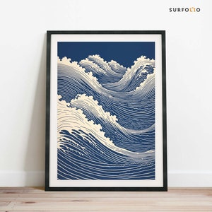 Linocut Sea Ocean Japan Retro Wave Waves Line Print Linocut Waves ...