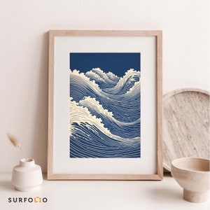 Linocut Sea Ocean, Japan Retro Wave, Waves Line Print, Linocut Waves ...
