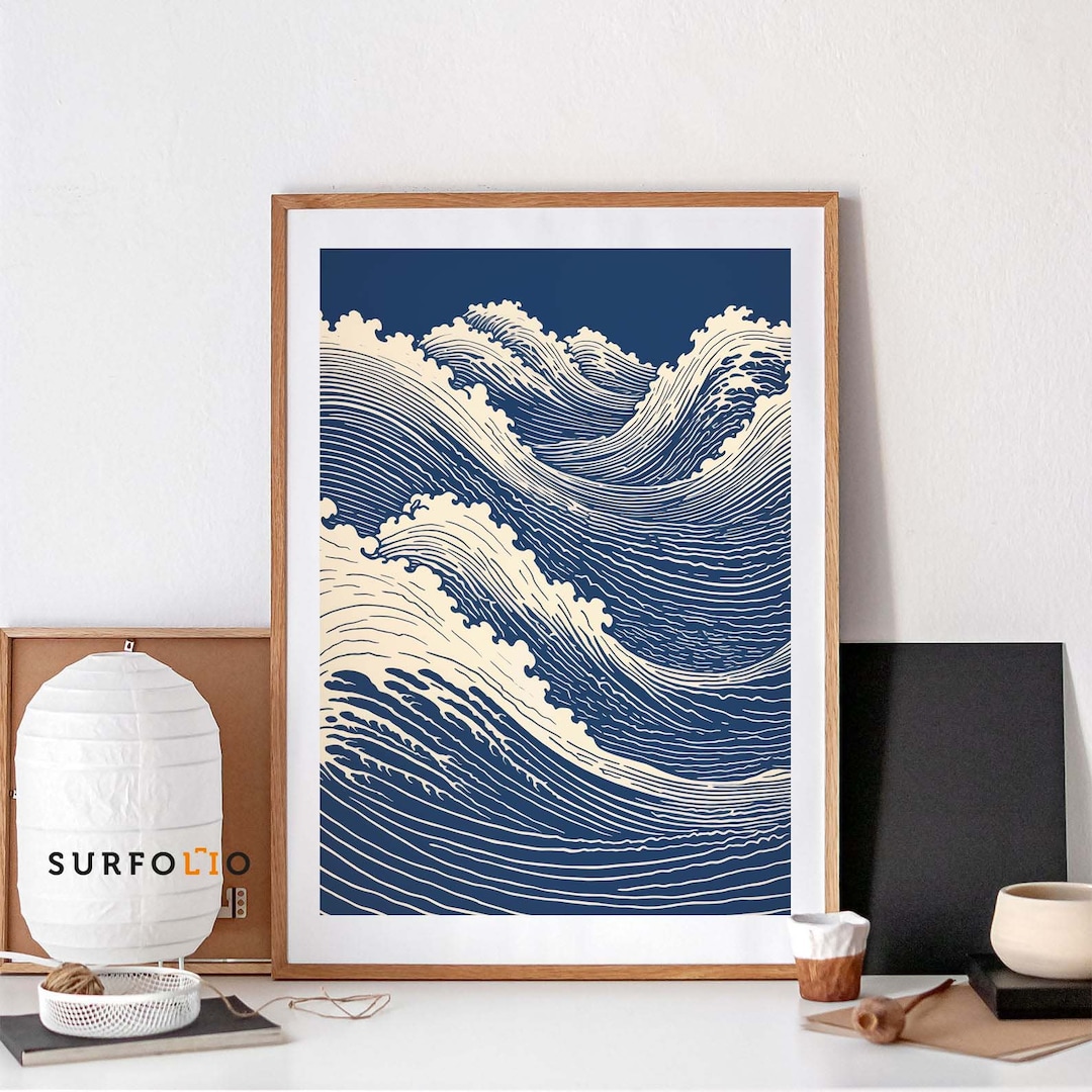 Linocut Sea Ocean Japan Retro Wave Waves Line Print Linocut Waves ...