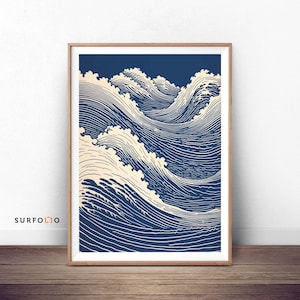 Linocut Sea Ocean Japan Retro Wave Waves Line Print Linocut Waves ...