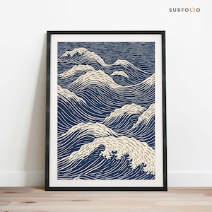 Linocut Sea Ocean Japan Retro Wave Waves Line Print Linocut Waves ...