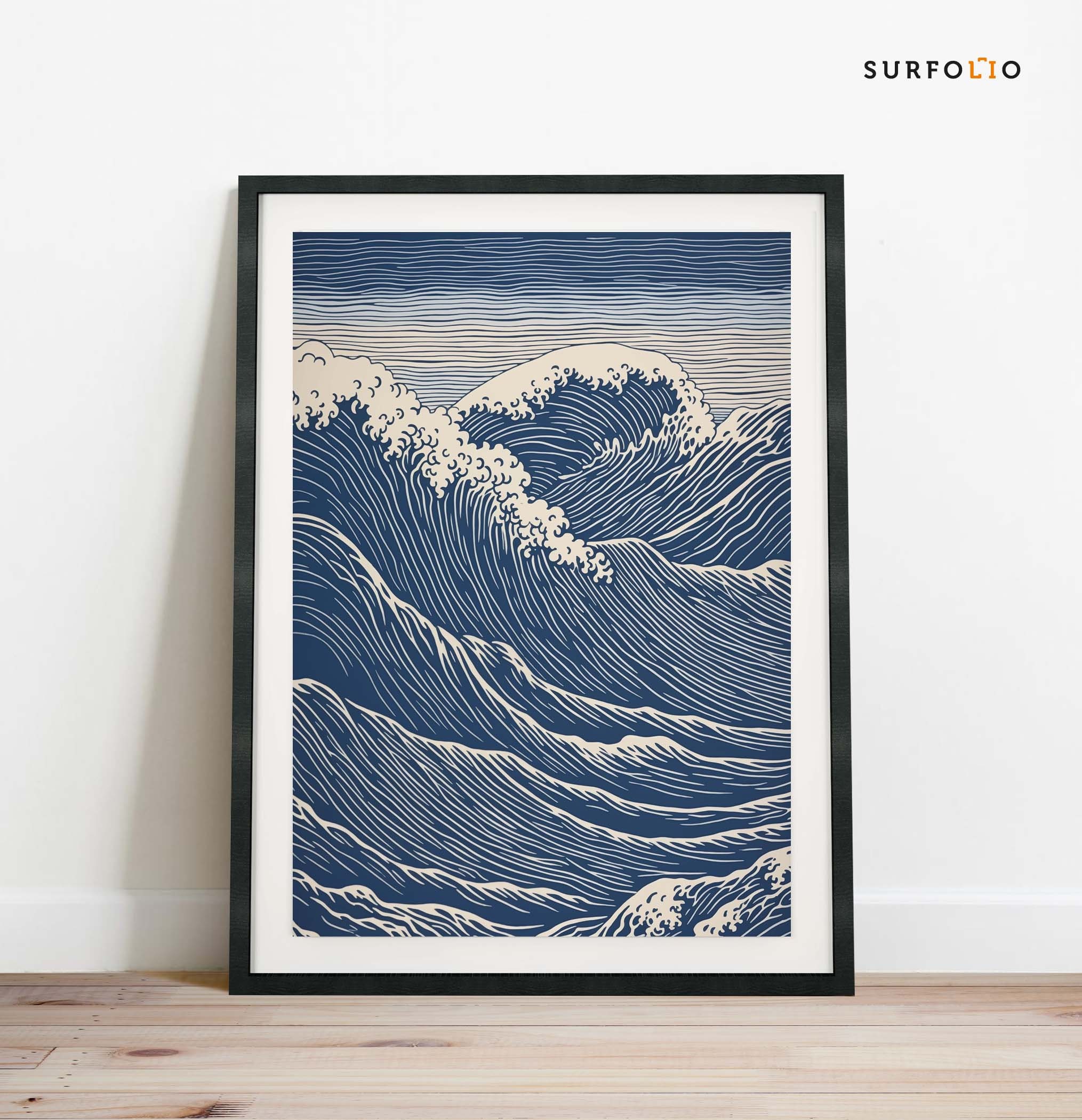 Linocut Sea Ocean Japan Retro Wave Waves Line Print Linocut Waves ...