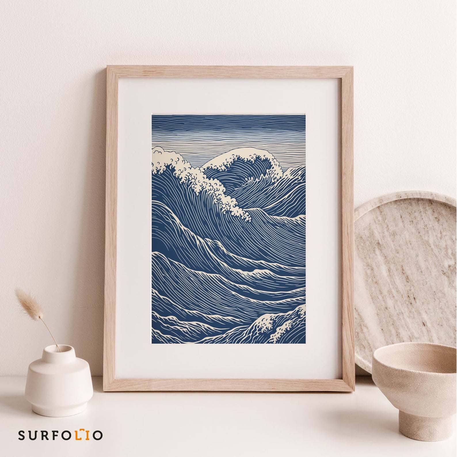 Linocut Sea Ocean Japan Retro Wave Waves Line Print Linocut Waves ...