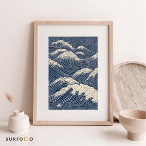 Linocut Sea Ocean Japan Retro Wave Waves Line Print Linocut Waves Poster Linocut Wave Art ...