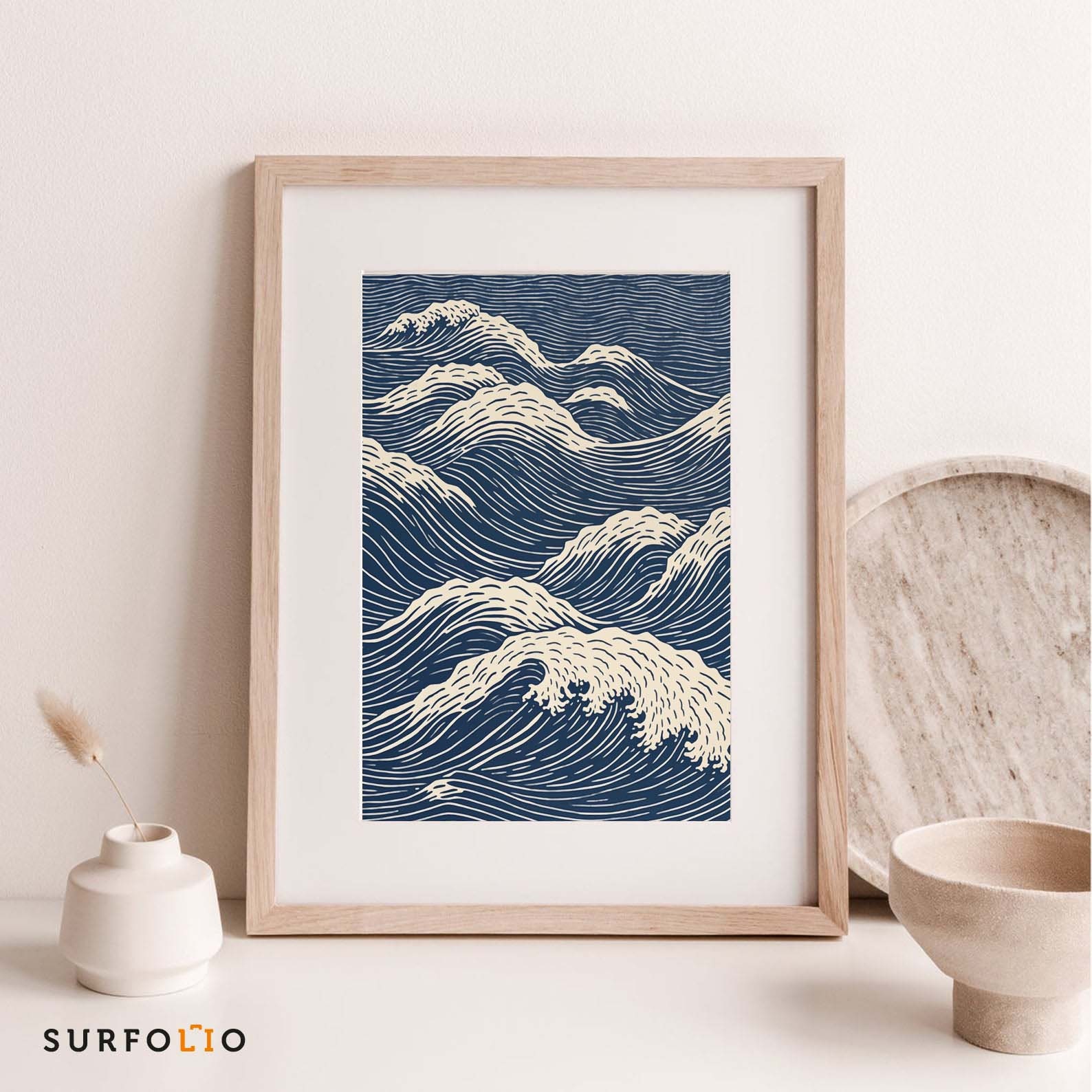 Linocut Sea Ocean Japan Retro Wave Waves Line Print Linocut Waves ...
