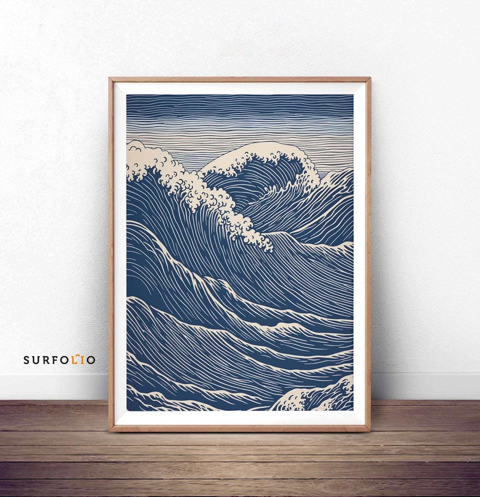 Linocut Sea Ocean Japan Retro Wave Waves Line Print Linocut Waves ...