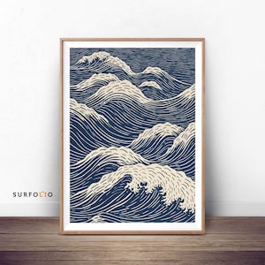 Linocut Sea Ocean Japan Retro Wave Waves Line Print Linocut Waves ...