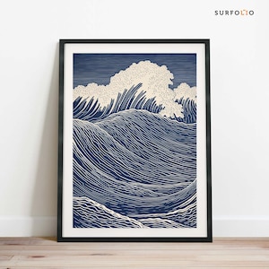 Linocut Sea Ocean Japan Retro Wave Waves Line Print Linocut Waves ...