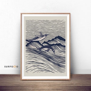 Linocut Penguin Sea, Penguin Retro Wave, Waves Line Print, Linocut ...