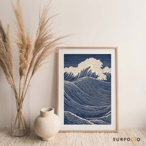 Linocut Sea Ocean Japan Retro Wave Waves Line Print Linocut Waves ...