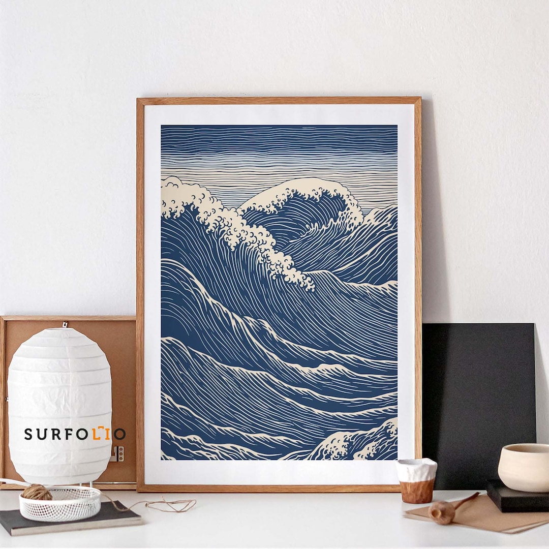 Linocut Sea Ocean Japan Retro Wave Waves Line Print Linocut Waves ...
