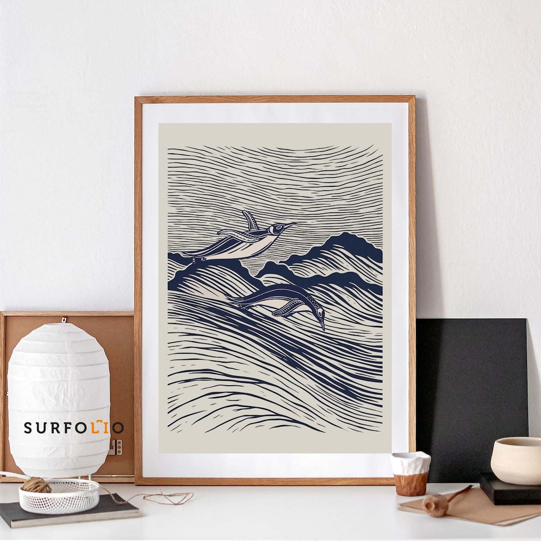 Linocut Penguin Sea Penguin Retro Wave Line Print Linocut Waves Poster ...