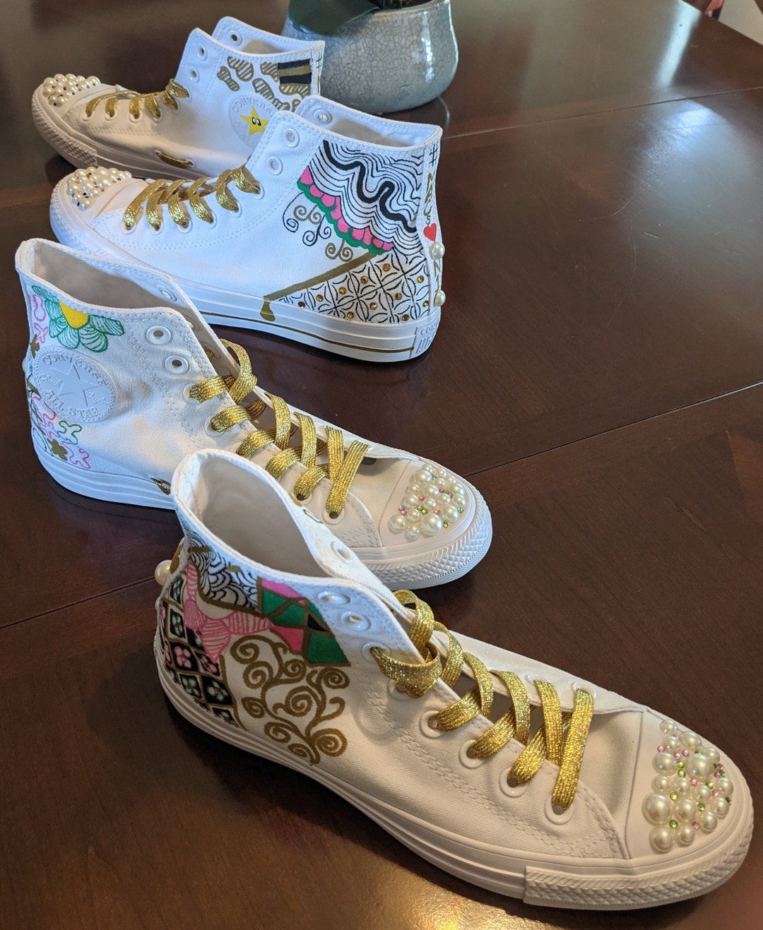 Customized Converse|hand Drawn|luxury Pearls|rhinestones|hi OR Low-top ...
