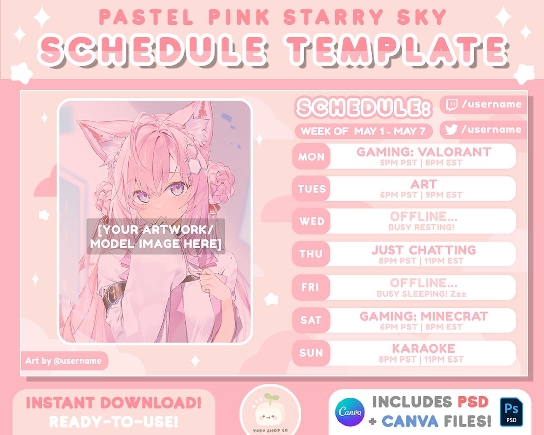 Cute Pink Starry Sky Twitch Stream Schedule Weekly Template | Includes ...
