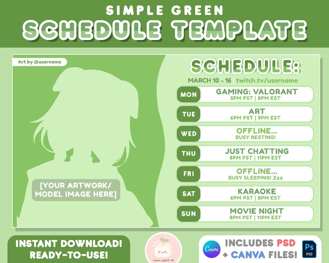 Simple Green Twitch Stream Schedule Weekly Template | Includes PSD ...