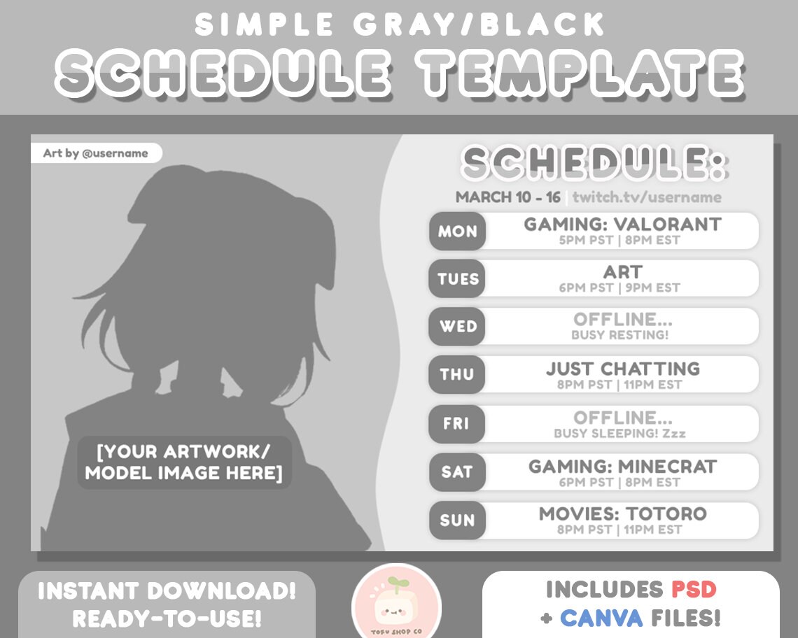 Simple Gray Black Twitch Stream Schedule Weekly Template - Etsy