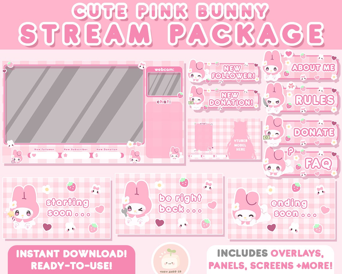 Twitch Cute Pink Bunny Stream Package | Twitch Overlays, Panels, Alerts ...