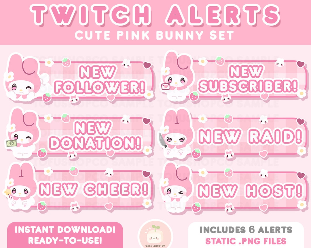 6x Twitch Cute Pink Bunny Stream Alerts | Static .pngs | Follower ...