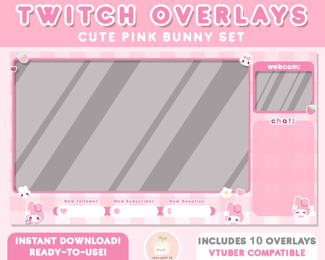 10x Twitch Cute Pink Bunny Stream Overlay | Webcam + Vtuber Overlays ...