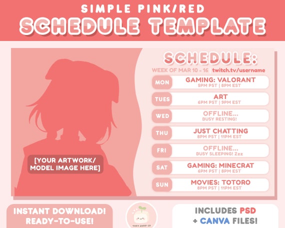 Simple Pink / Red Twitch Stream Schedule Weekly Template - Etsy