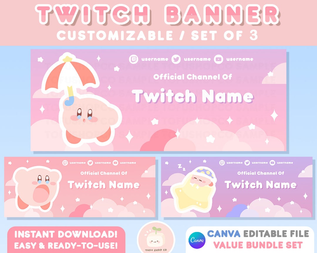 Cute Custom Twitch Banner Template BUNDLE Set of 3 | CANVA File ...