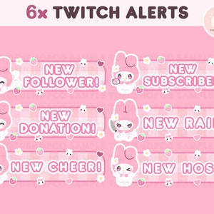 6x Twitch Cute Pink Bunny Stream Alerts | Static .pngs | Follower ...
