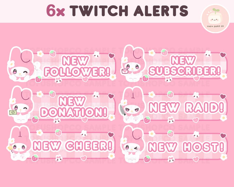 6x Twitch Cute Pink Bunny Stream Alerts | Static .pngs | Follower ...