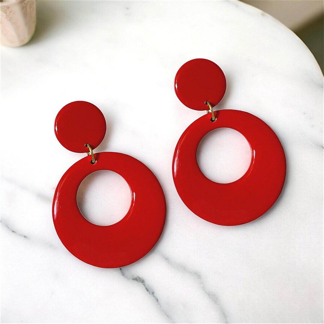 Red Dangle Hoop Earrings, Gift for Friend, 80's Earrings, Handmade ...