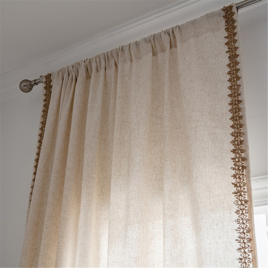 Beige Linen Curtain: Bohemian Hemp Trim, Semi Blackout - Etsy