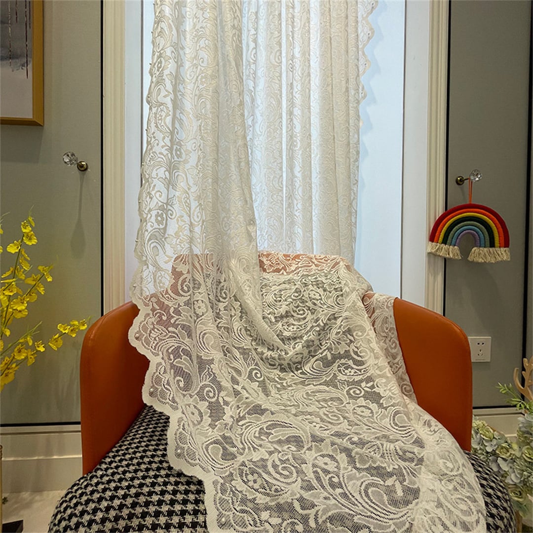 White Sheer Curtain: Phoenix Tail Jacquard, Beaded Wave Edge - Etsy