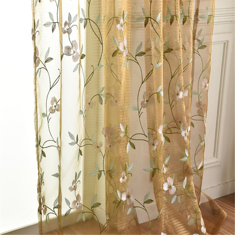 Embroidered Floral Sheer Curtain: Green Branches, Pink Flowers - Etsy ...