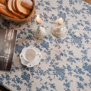 Washable Blue Rose Flowers Vines Print Nature Beige Linen Cotton ...