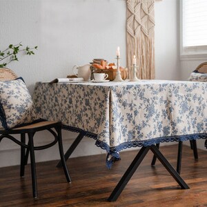 Washable Blue Rose Flowers Vines Print Nature Beige Linen Cotton ...