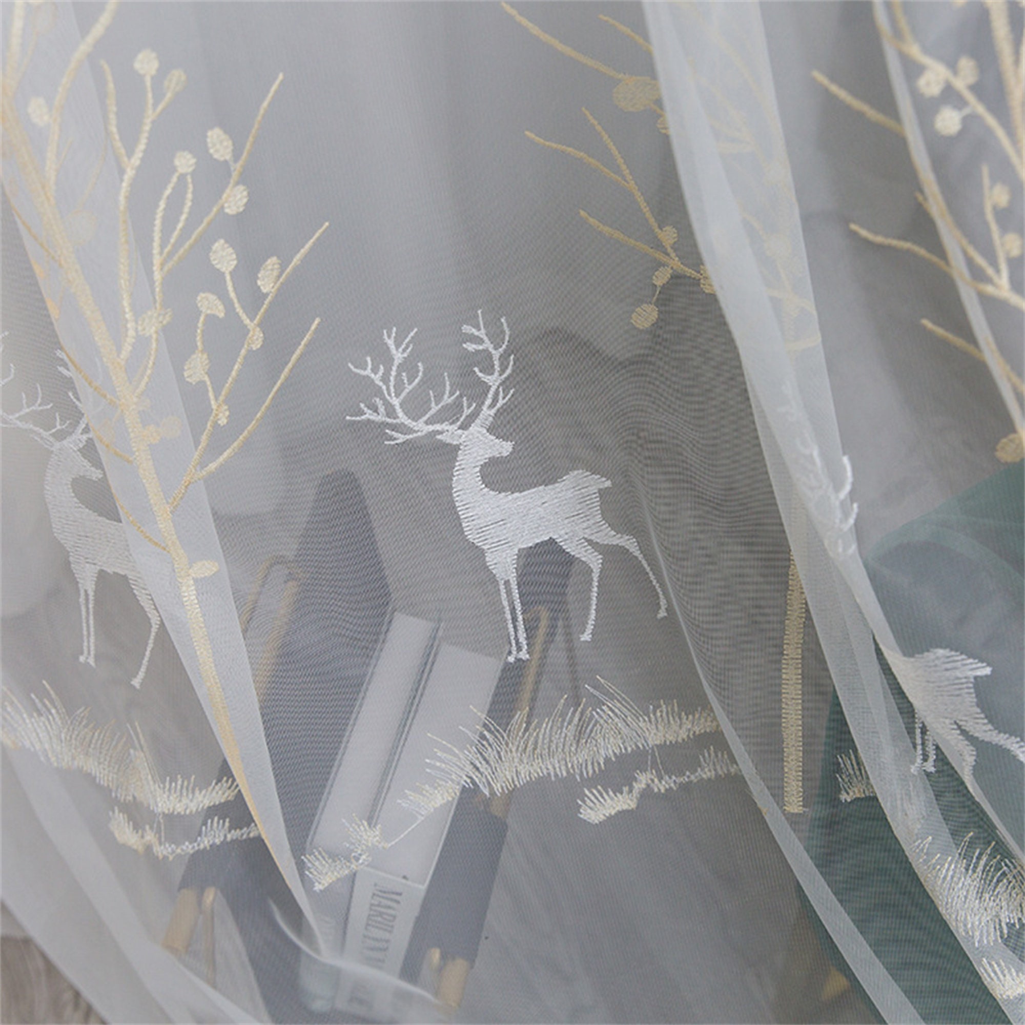 Embroidered Sheer Lace Curtain: Forest Deer Rod Pocket Panel - Etsy