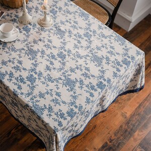 Washable Blue Rose Flowers Vines Print Nature Beige Linen Cotton ...