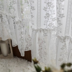 Pair American White Little Roses Flowers Stripes Sheer Café Curtains ...