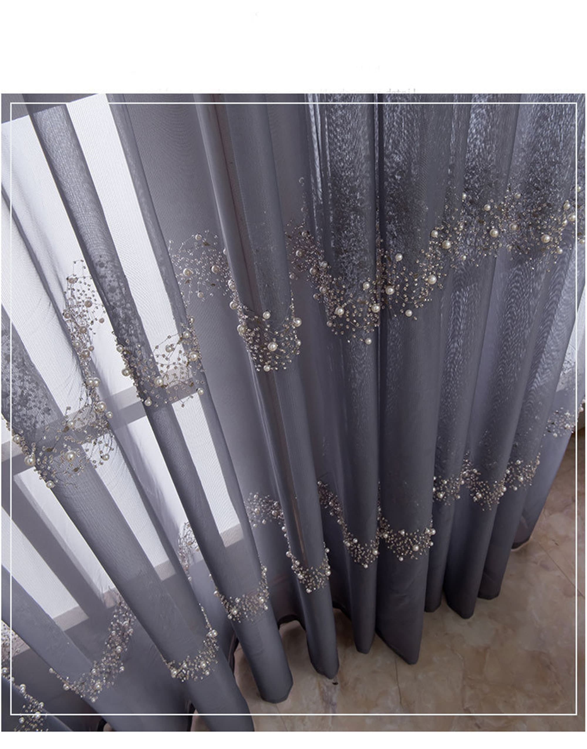 Pair of Sheer Curtain Pearl Beading Embroidered on Grey Sheer | Etsy