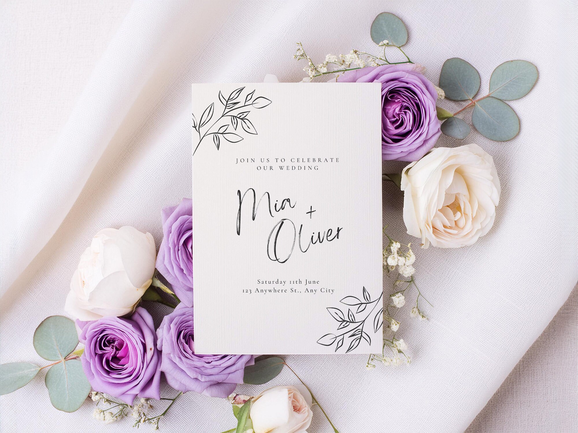 Purple Roses Invitation Mockup, Linen, Instant Download, Flat Lay, PSD ...