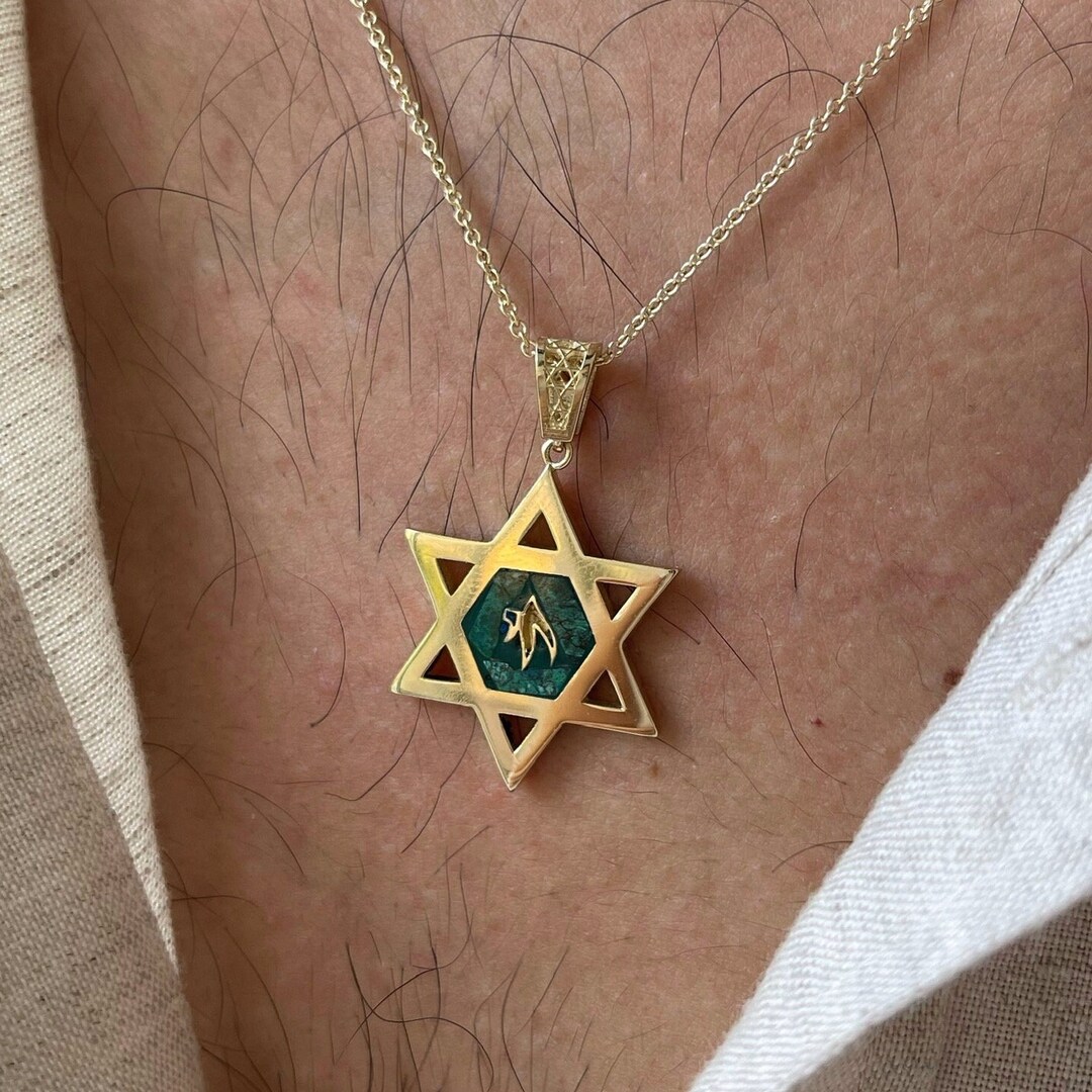 14k Gold Star of David Pendant, Eilat Stone Chai, Jewish Jewelry - Etsy