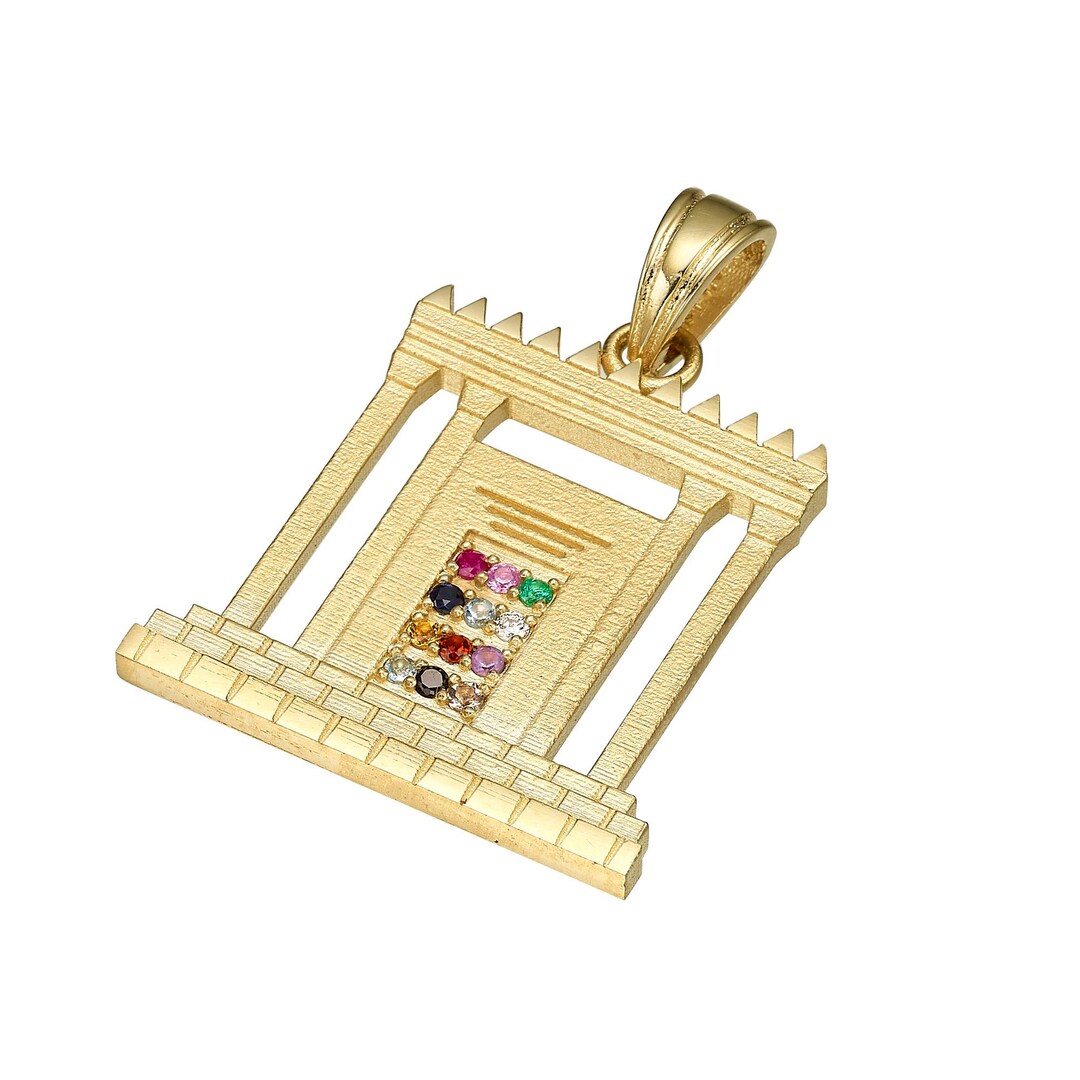14k Gold Jerusalem Temple Pendant With Choshen Stones, Judaica Jewelry ...