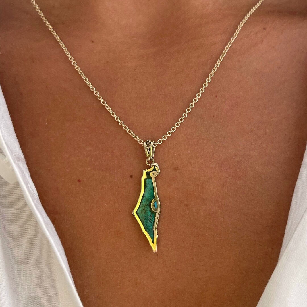 14k Gold Map of Israel Pendant, Gold Israel Pendant, Eilat Stone ...