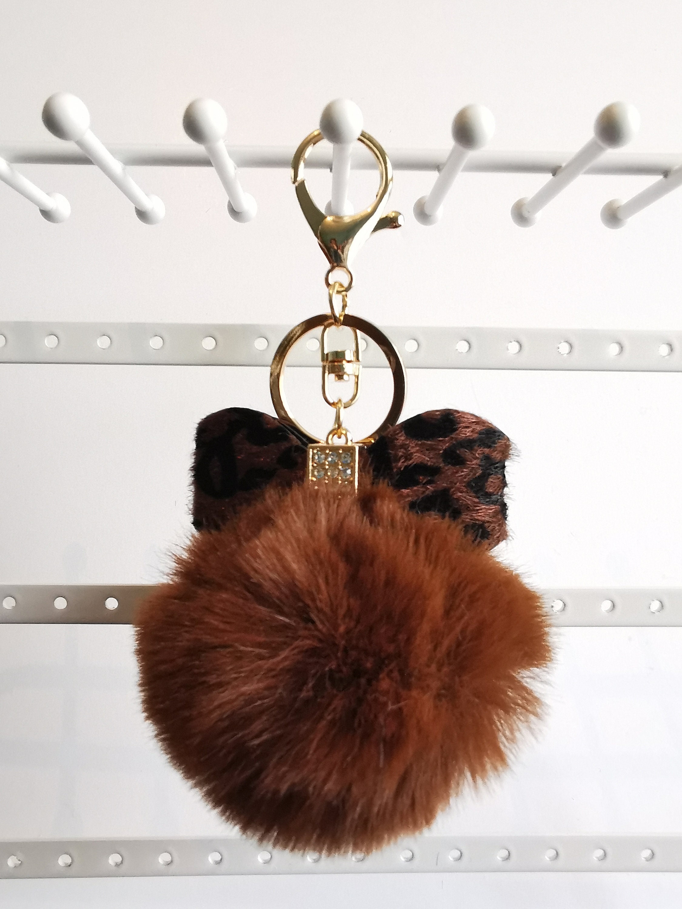 Leopard keychain leopard keyring pom pom animal print keychain | Etsy