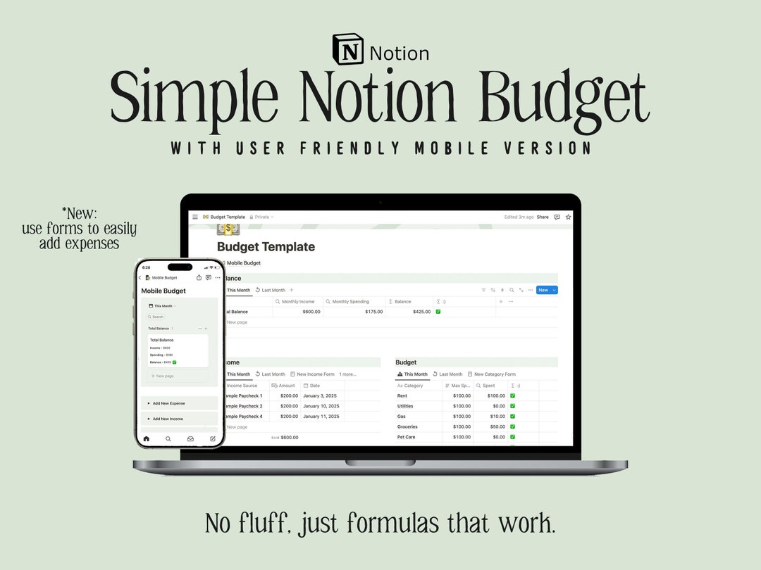Simple Notion Budget Template - Streamlined Mobile View - Expense ...