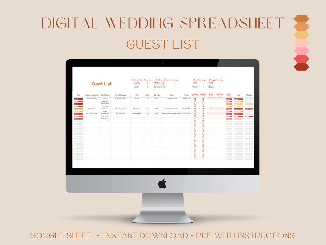 Digital Wedding Spreadsheet | Guest List | Wedding Planning Spreadsheet ...