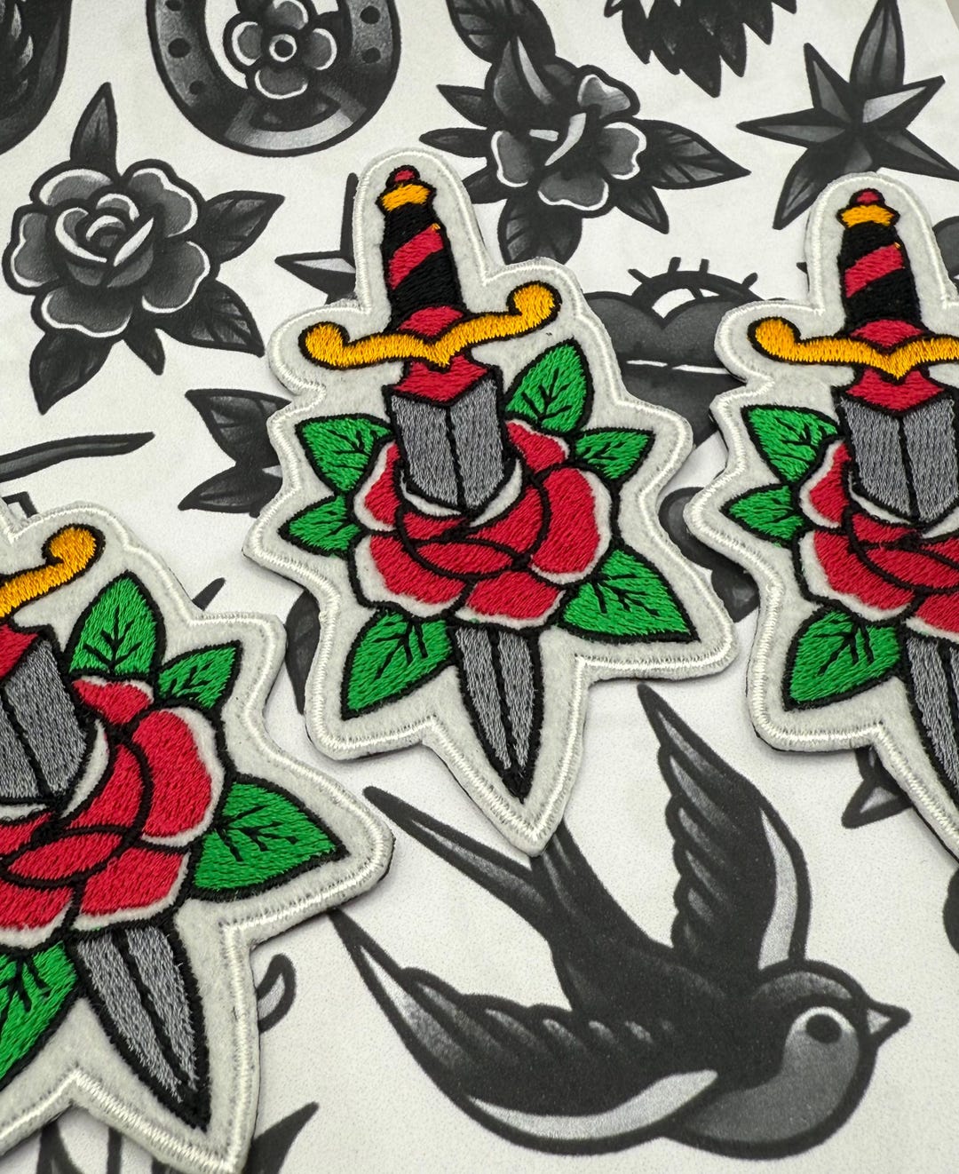 Dagger and Rose Embroidery Patch Iron, American Traditional Tattoo ...